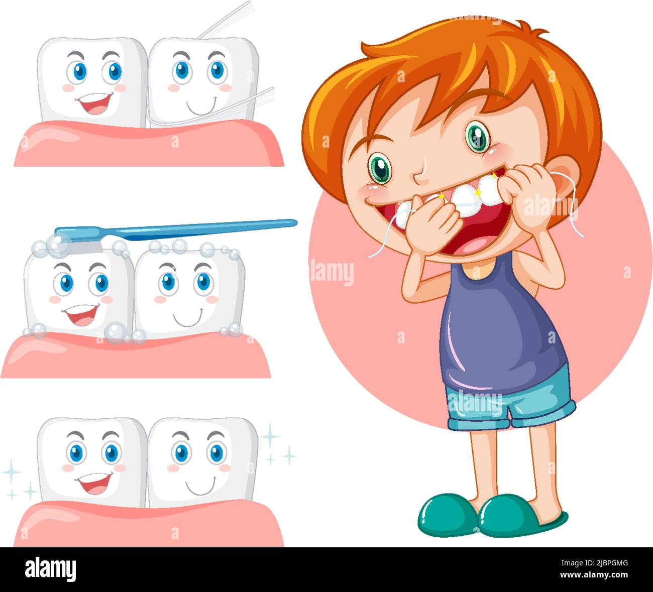 Cute boy cartoon character flossing teeth illustration Stock Vector ...