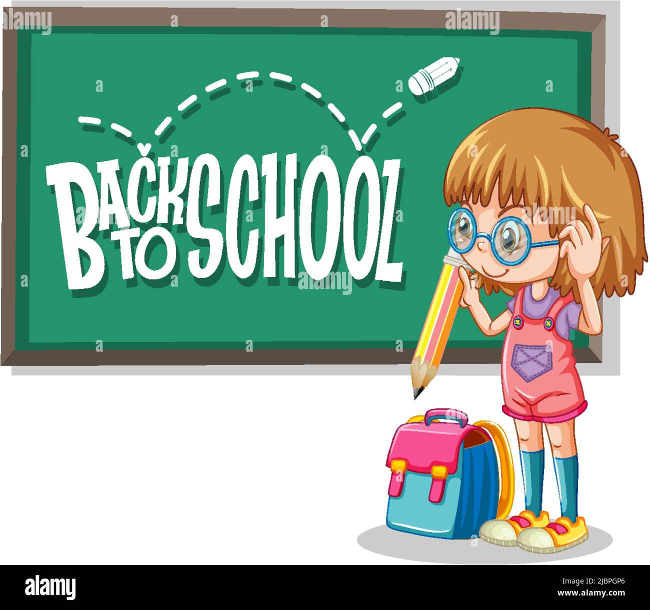 Girl holding pencil cartoon character with back to school on blackboard ...