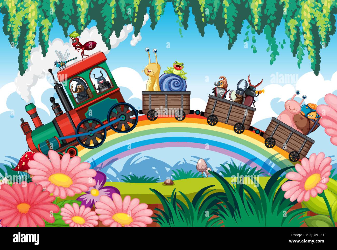 Scene with bugs riding on the train illustration Stock Vector Image ...