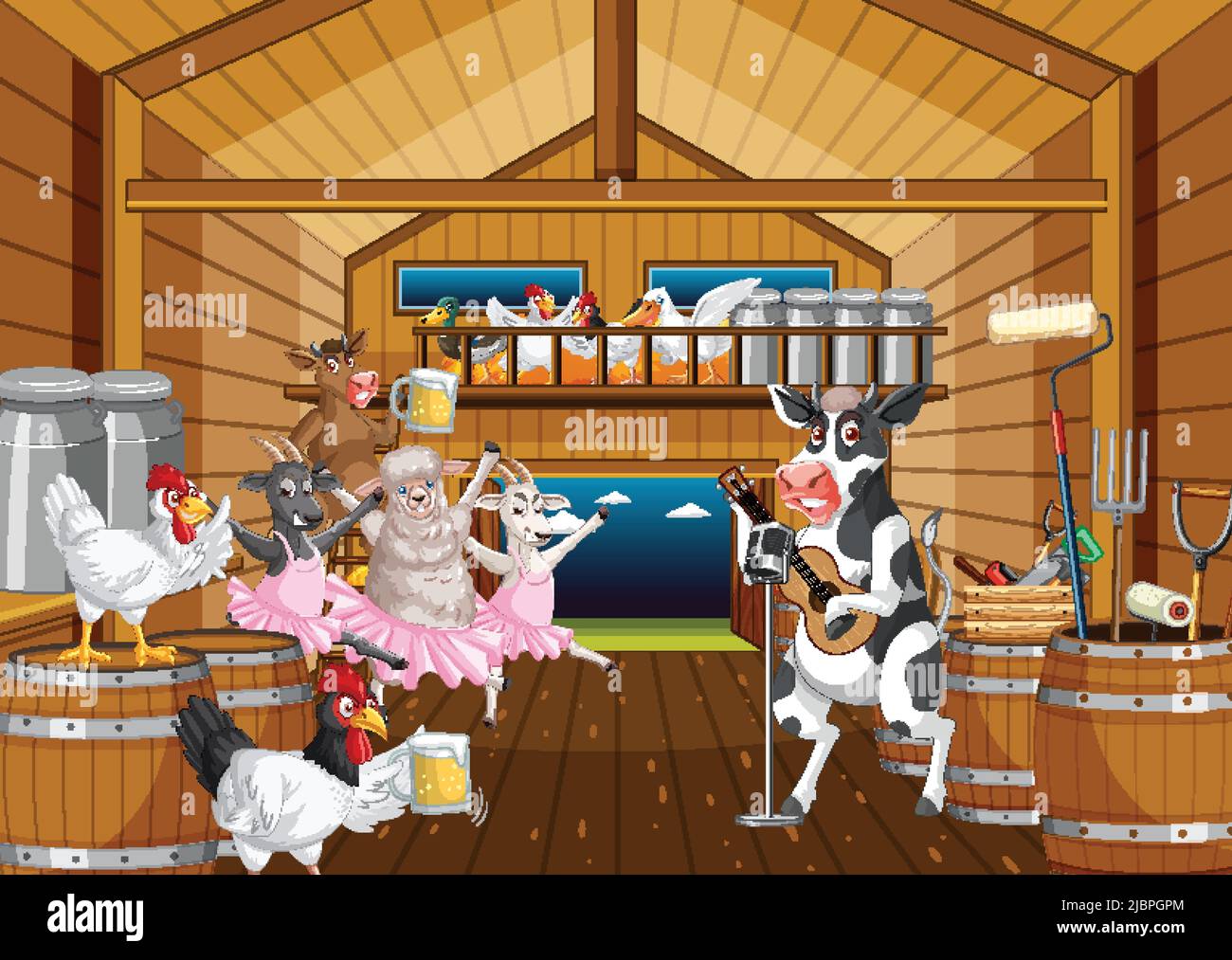 Barn indoor scene with farm animals illustration Stock Vector Image ...