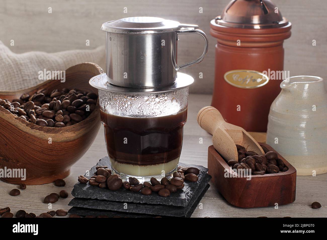 Vienna Coffee or Vietnam Drip with Coffee Bean on Rustic Retro Table ...