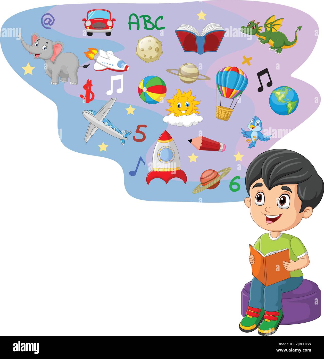 Little boy reading a book. Imagination concept illustration Stock ...