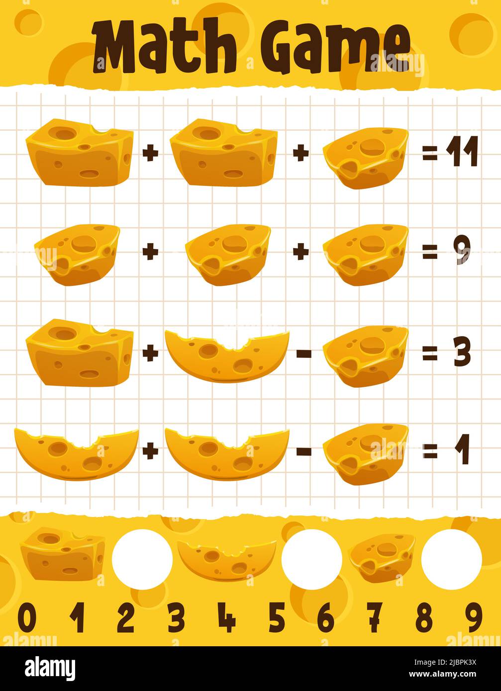 Cartoon gouda and maasdam cheese math game worksheet. Vector education ...
