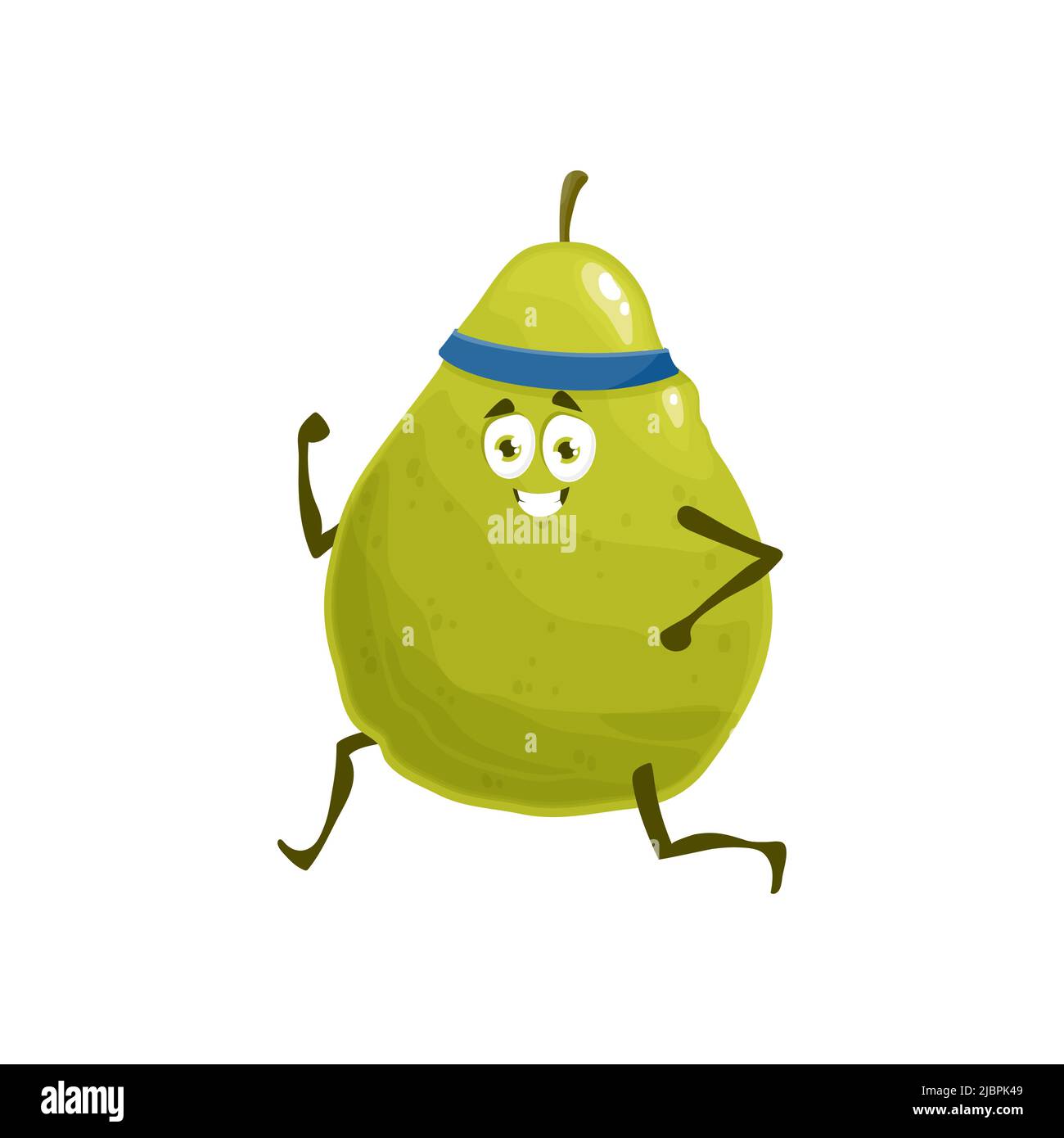 Cartoon running green pear character. Funny ripe fruit doing fitness ...