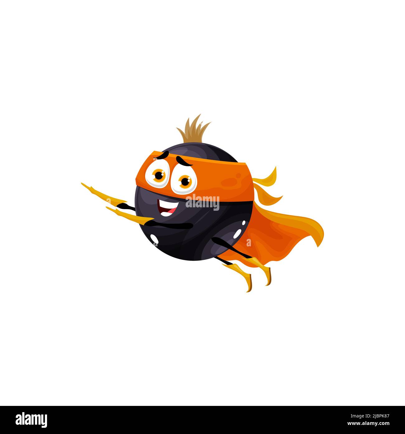 Cartoon flying black currant superhero, funny berry defender character ...