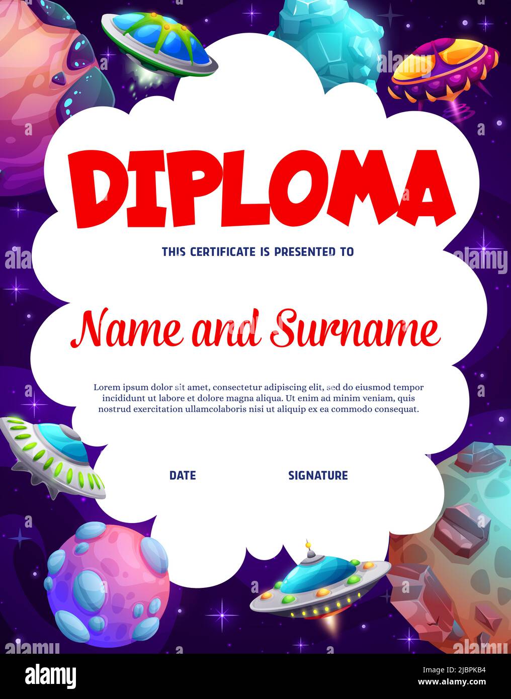 Space party kids diploma, spacecrafts and starships in starry galaxy. School educational vector ...