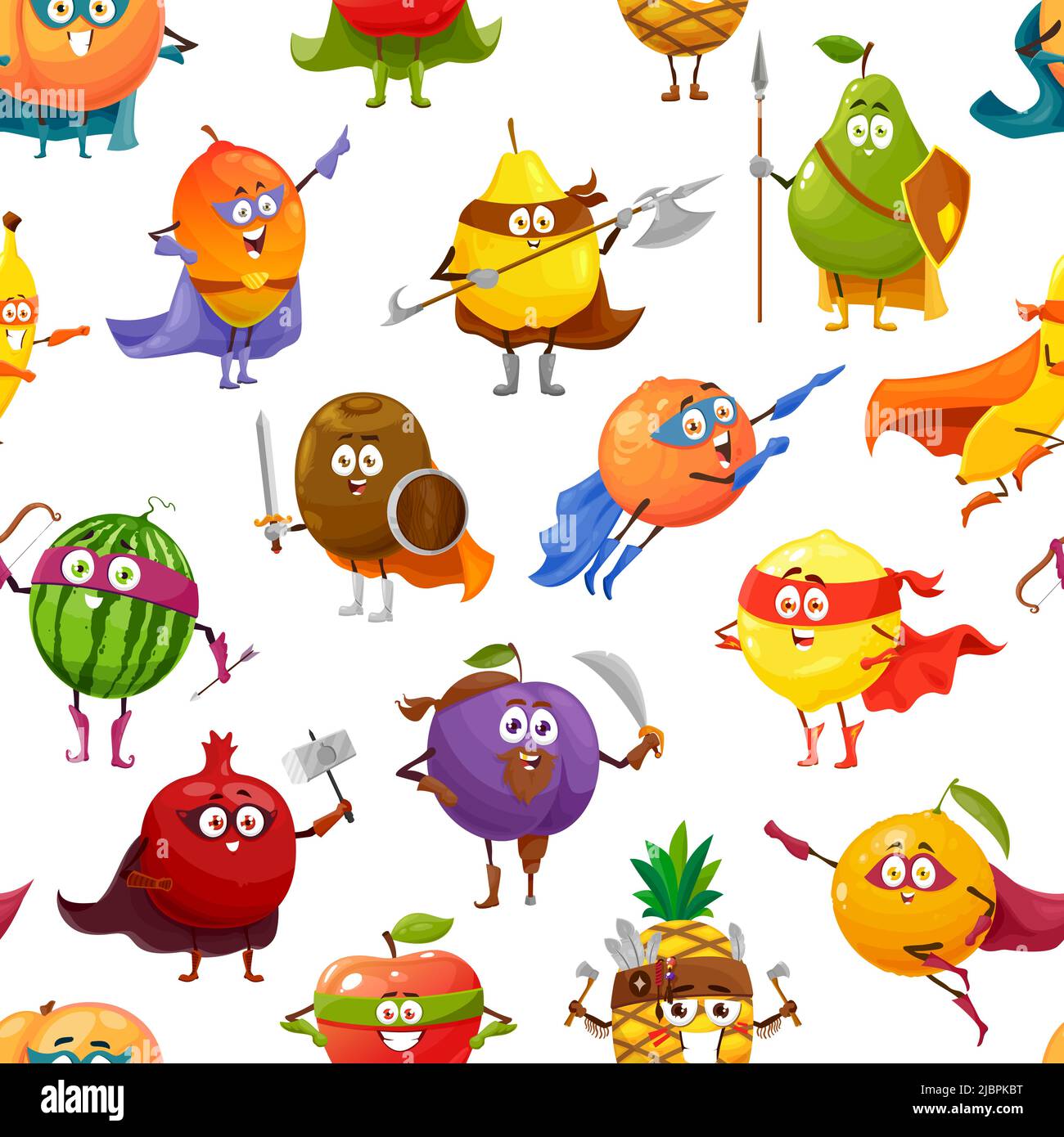 Cheerful fruits superhero and defender characters vector seamless ...