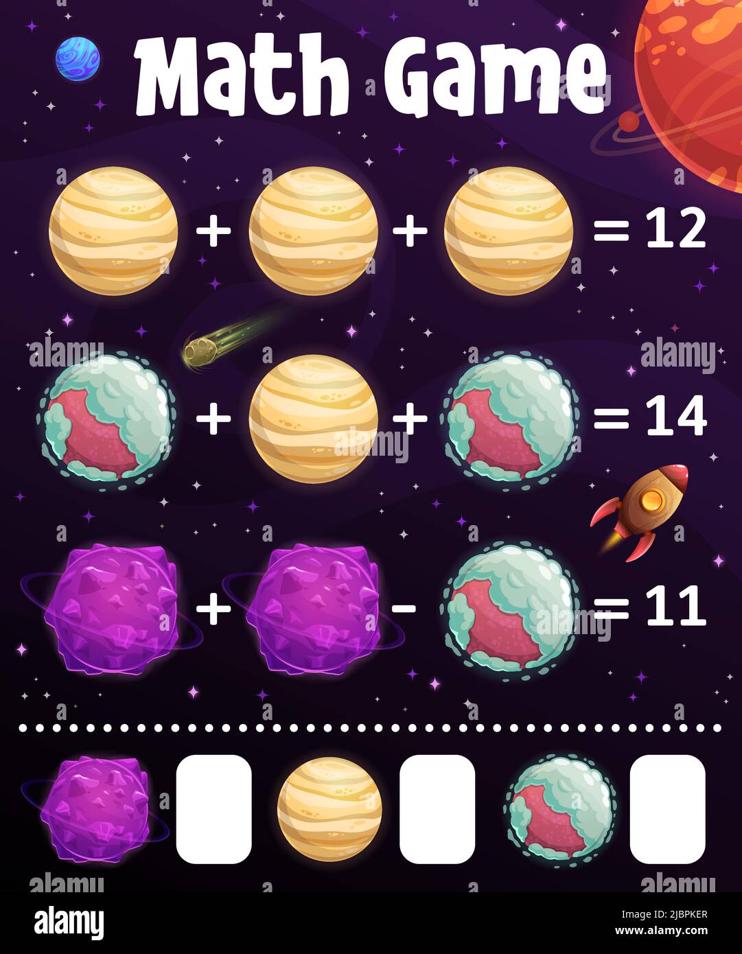 Math game worksheet, cartoon space planets education maze. Vector ...