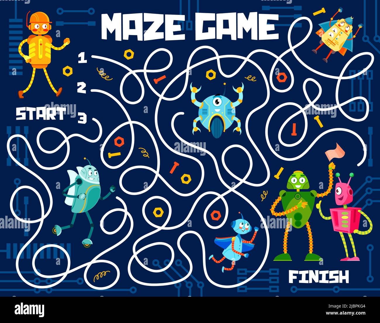 Labyrinth maze, cartoon funny robots on kids game puzzle, vector ...