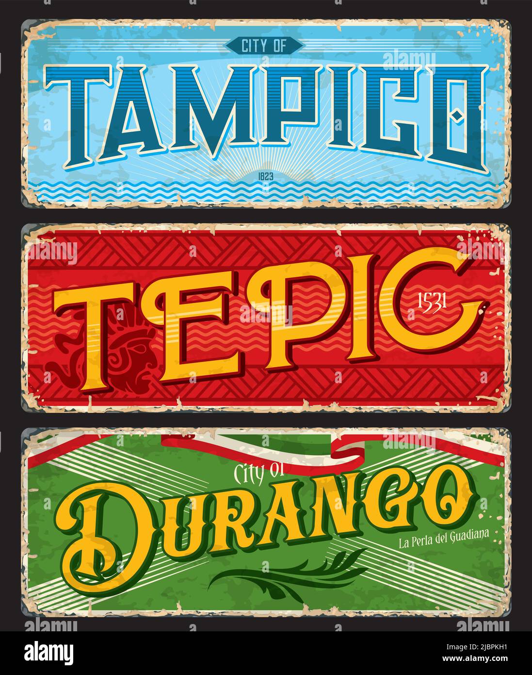 Tampico, Tepic, Durango Mexican city travel stickers and plates, vector ...