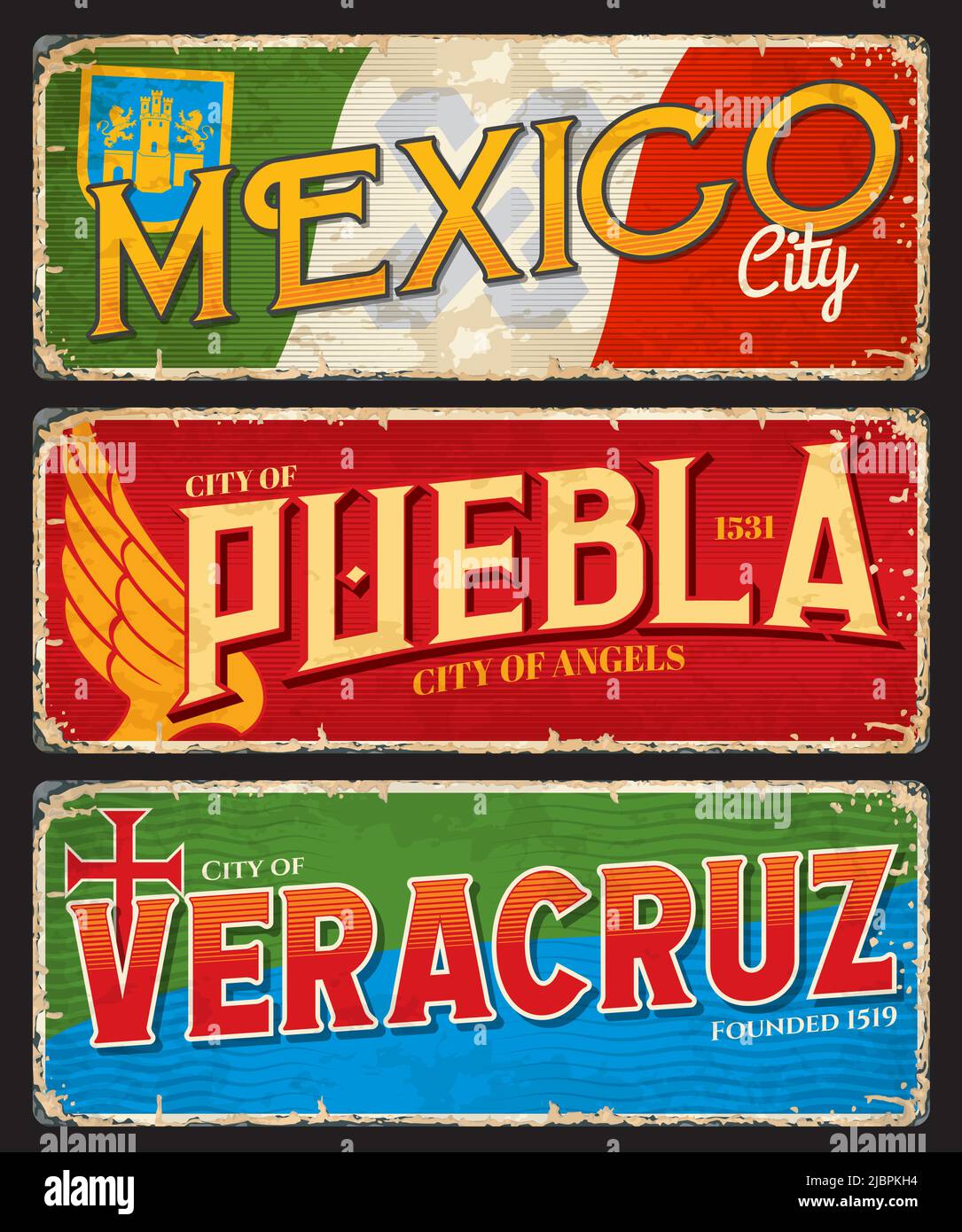 Mexico, Puebla, Veracruz city travel plates and stickers, Mexican ...