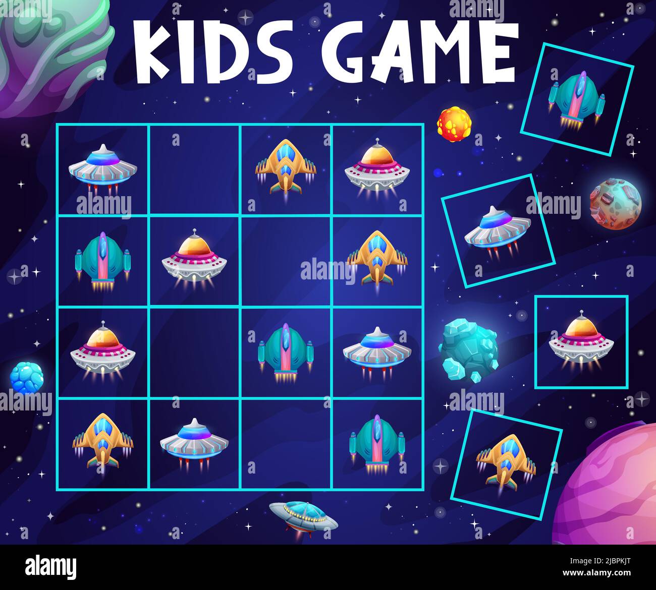 Sudoku kids game, UFO spaceship and alien starship shuttles, vector ...