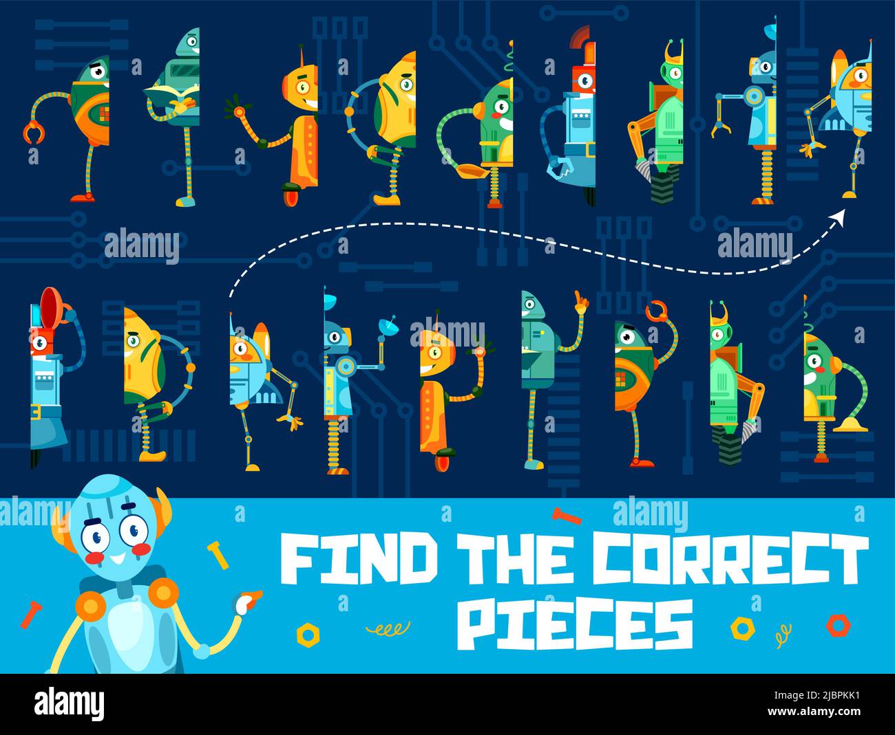 Find correct pieces of cartoon funny robots, vector match game or kids ...