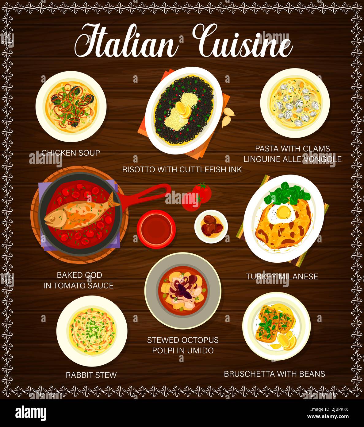 Italian restaurant meals and dishes menu. Rabbit stew, chicken soup and ...