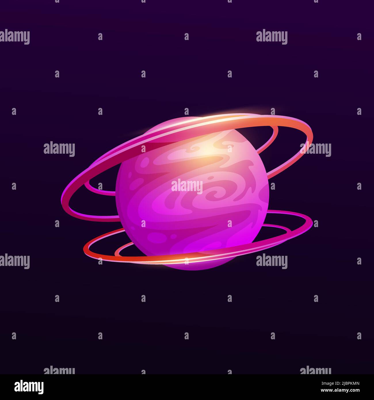 Purple space planet with two rings on vector background of cartoon ...