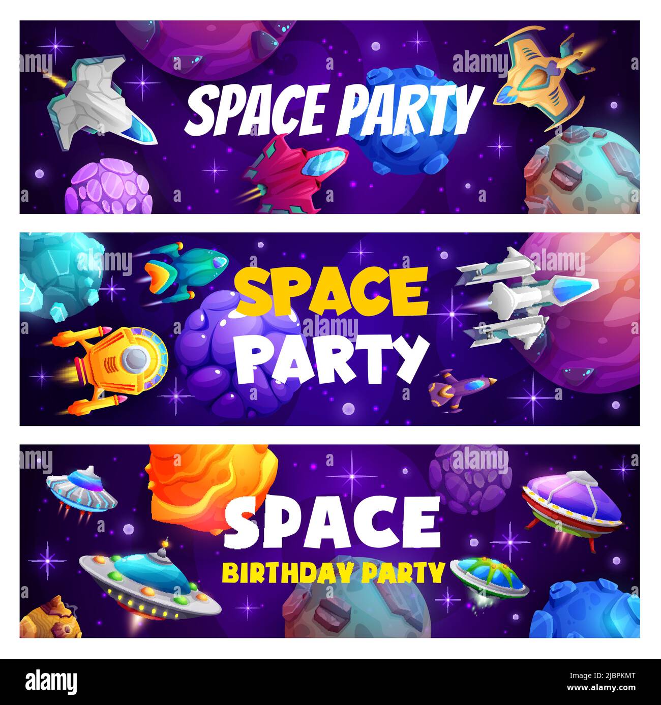 Space party, cartoon spacecrafts, starships and rockets in galaxy ...