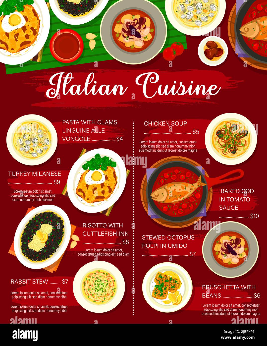Italian cuisine restaurant dishes menu page template. Pasta with clams ...