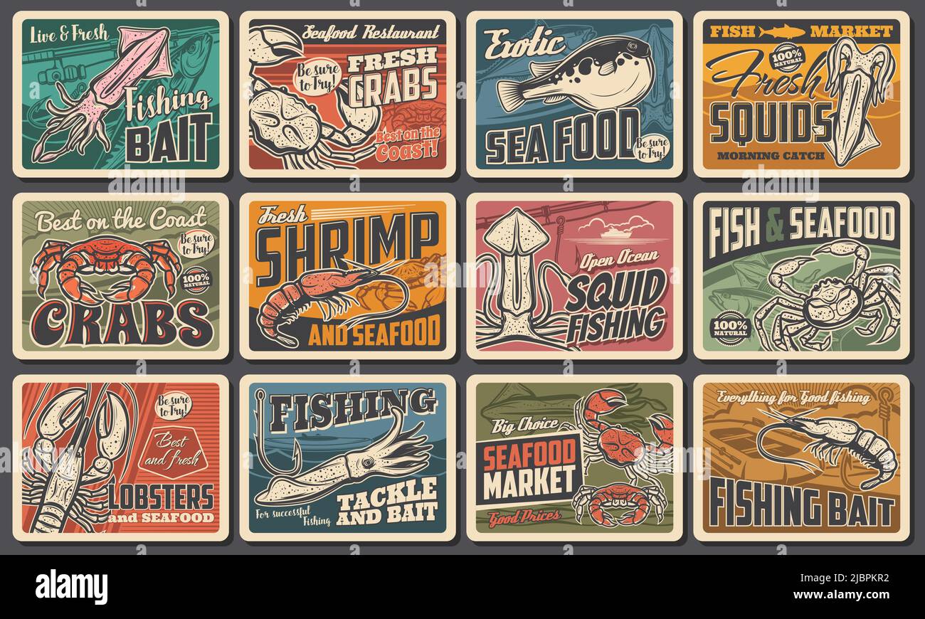 Seafood and fishing vector retro banners. Underwater animals puffer ...