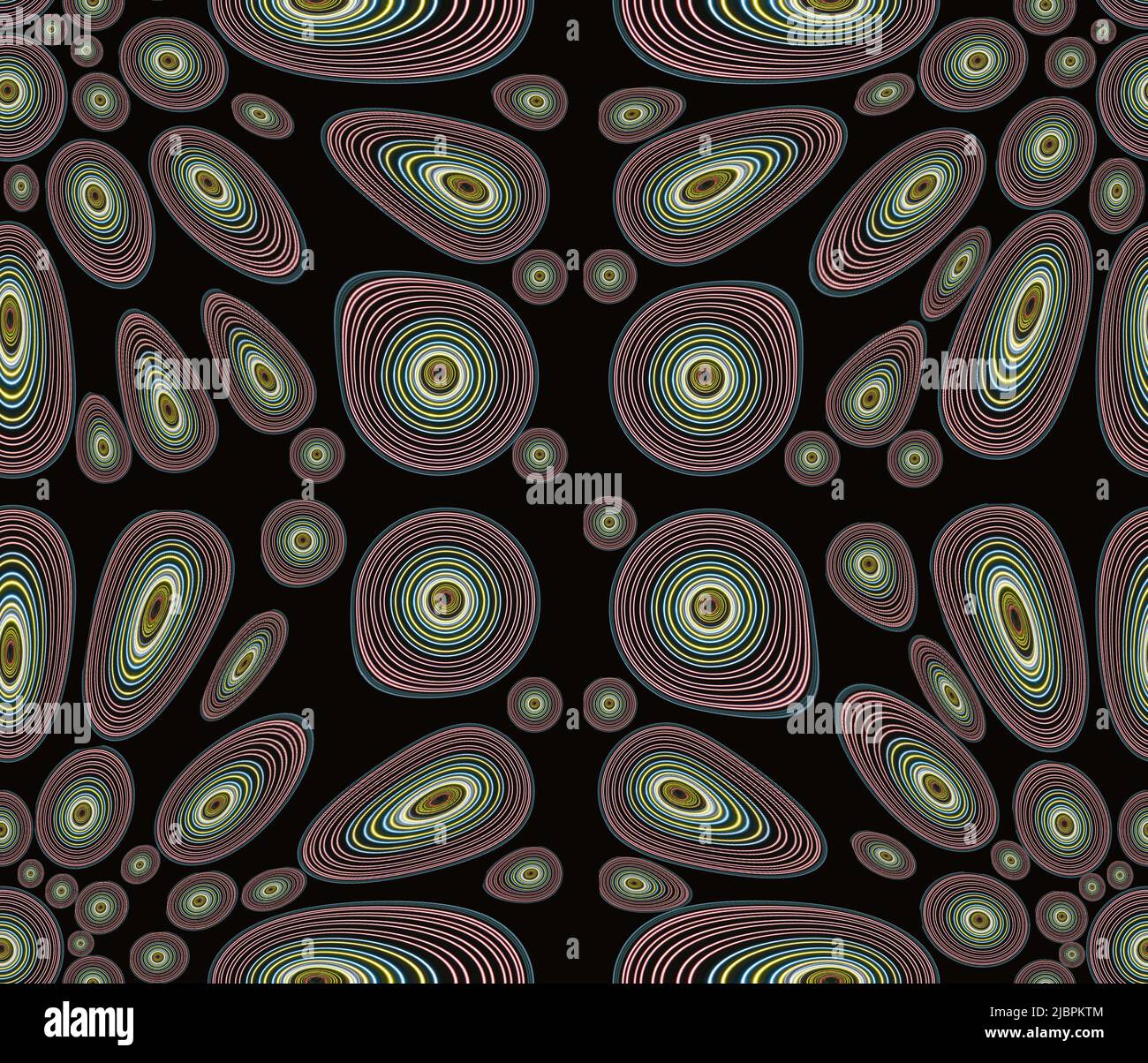 Distorted circles in pink and yellow on black background seamless ...