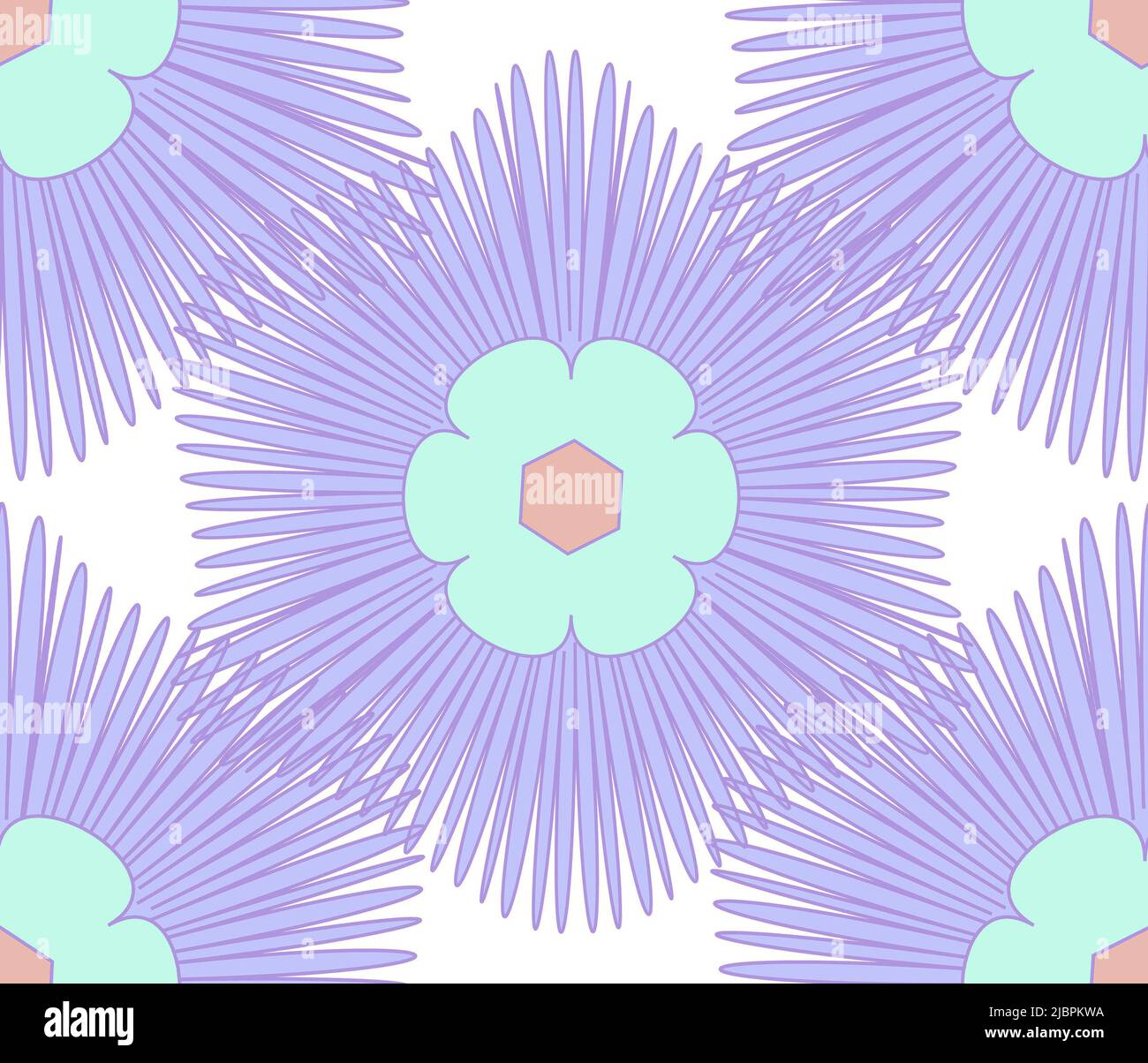 Spiky pastel purple floral pattern with green center on white ...