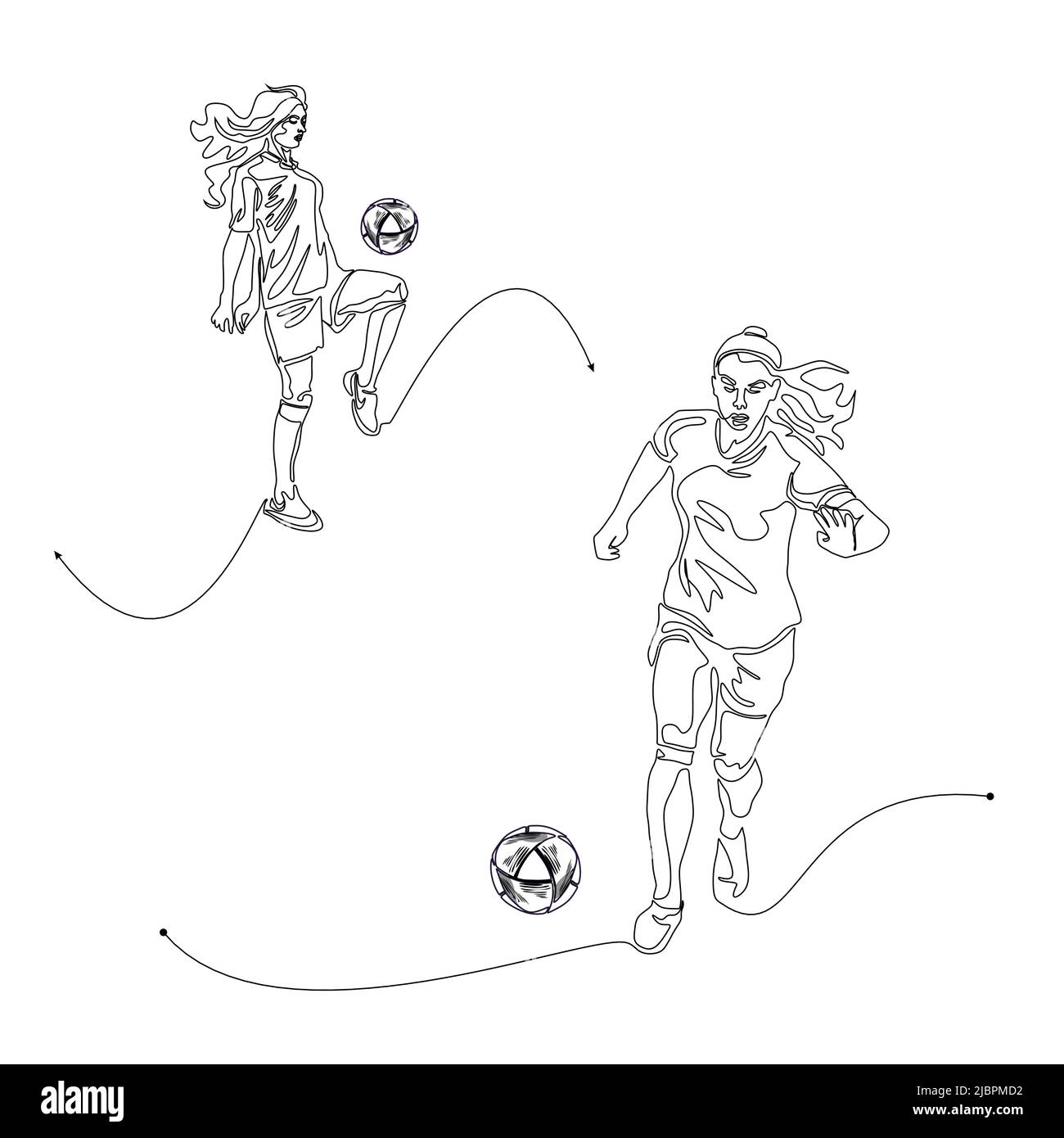 Continuous line drawing or single line drawing of women playing ... Continuous line drawing or single line drawing of women playing ...