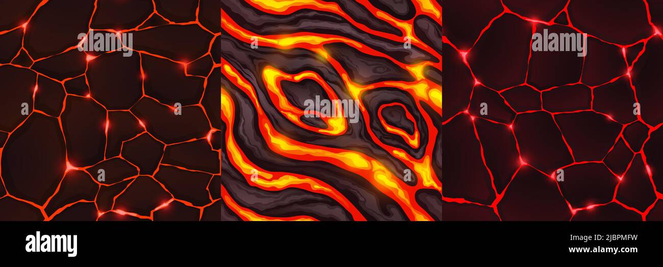 Textures of liquid lava flows and ground cracks with red light top view ...
