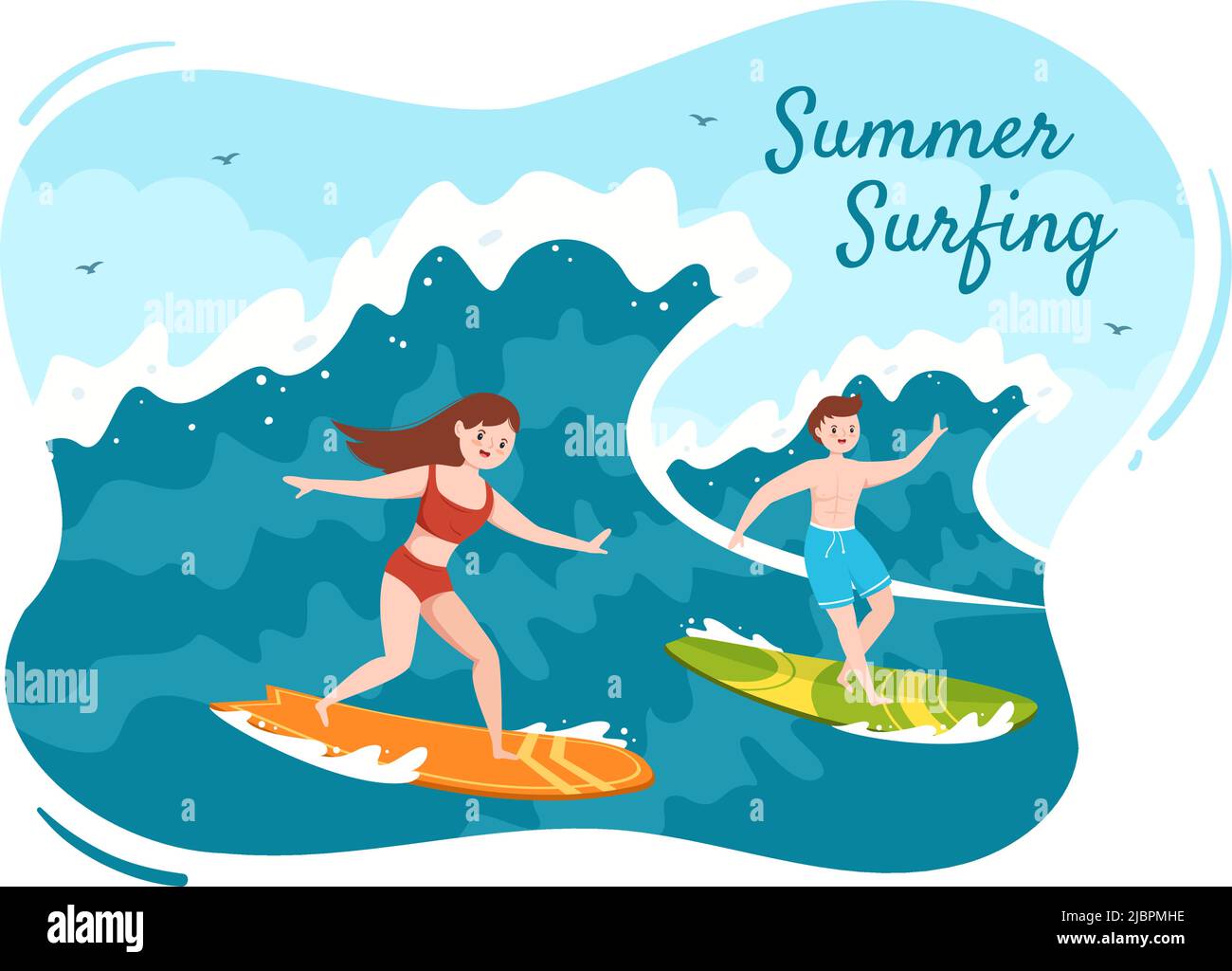 Summer Surfing of Water Sport Activities Cartoon Illustration with ...