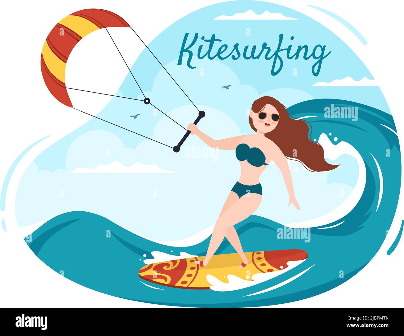 Summer Kitesurfing of Water Sport Activities Cartoon Illustration with ...