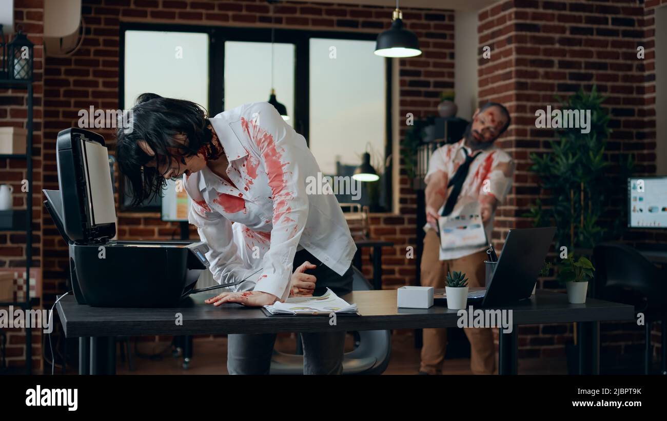 Goofy creepy zombie trying to photocopy her own head in office. Brain ...