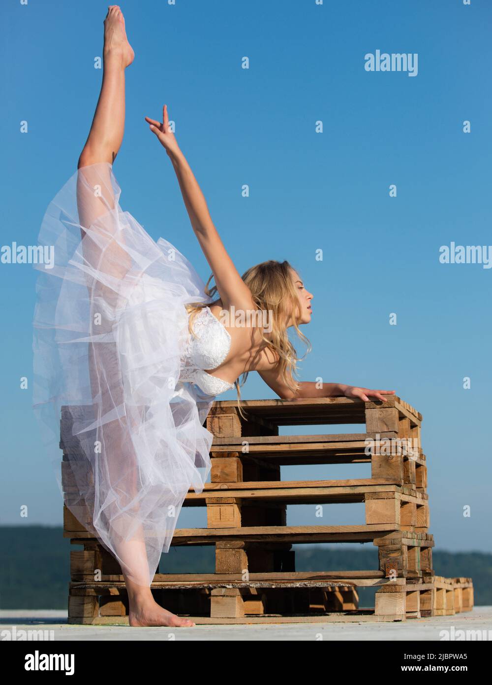 Art ballet. Young fit woman stretching. Splits pose. Sporty young girl ...