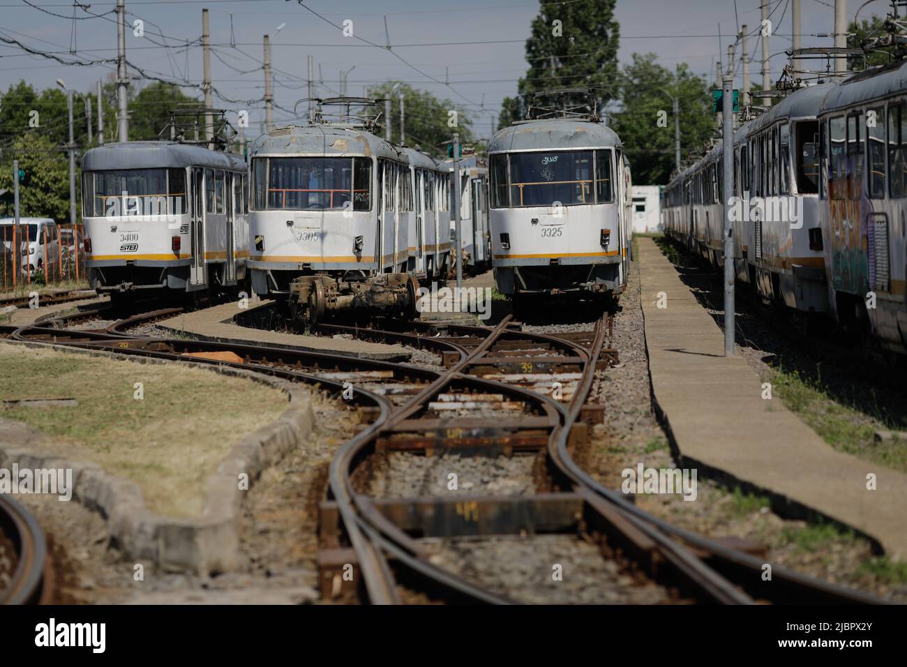 Bucharest, Romania - June 2, 2022: Old trams in a tram depot during a ...