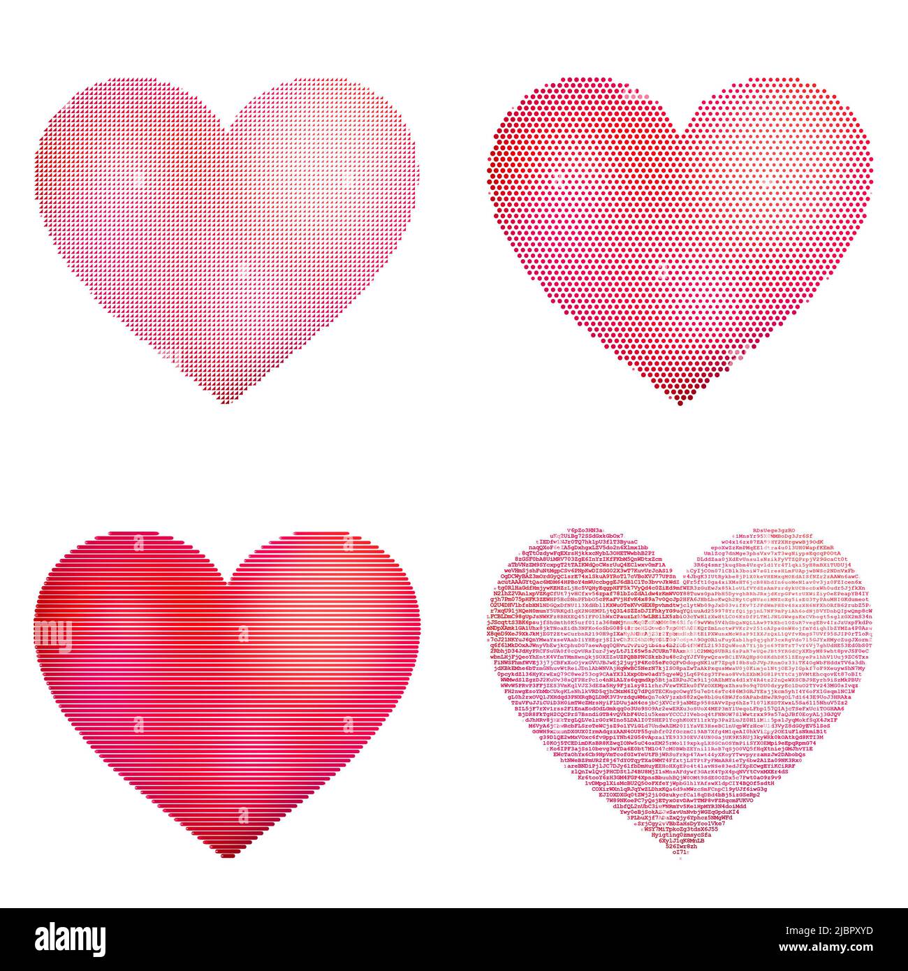 Four red hearts each made of small triangles, dots, lines and ...