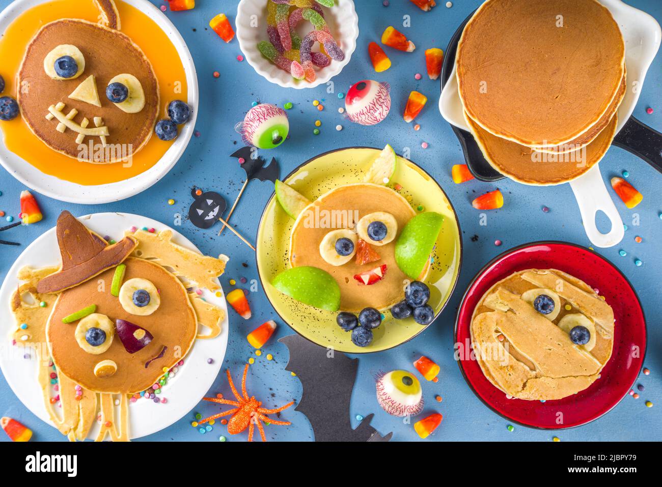Creative homemade Halloween pancakes for breakfast, in form of funny ...