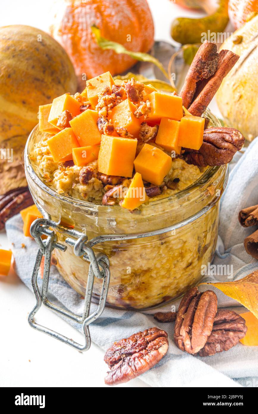 Autumn pumpkin pecan oatmeal, overnight oats porridge with butternut ...