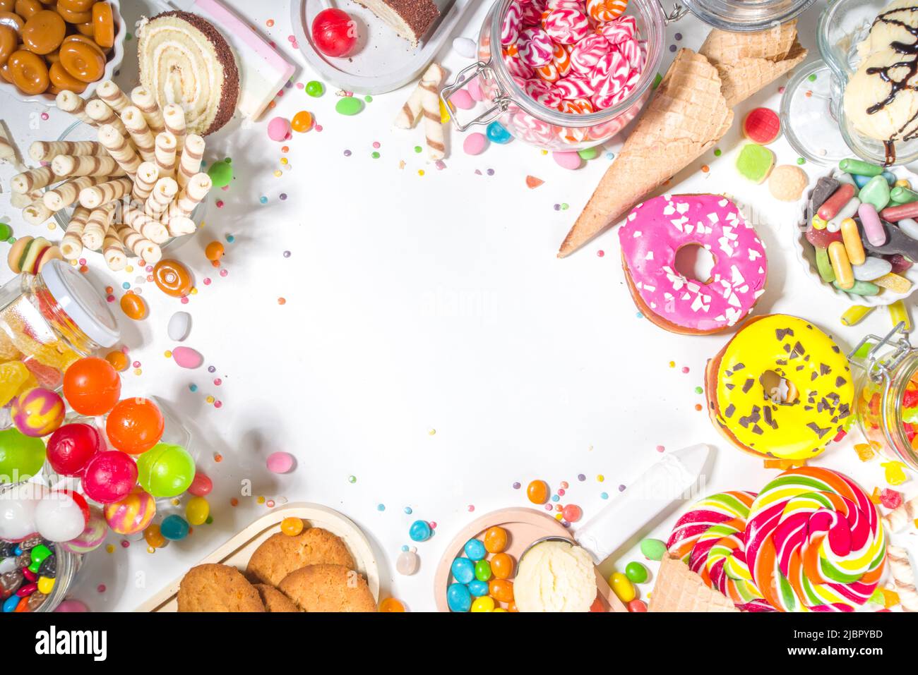 Selection of colorful sweets. Set of various candies, chocolates ...
