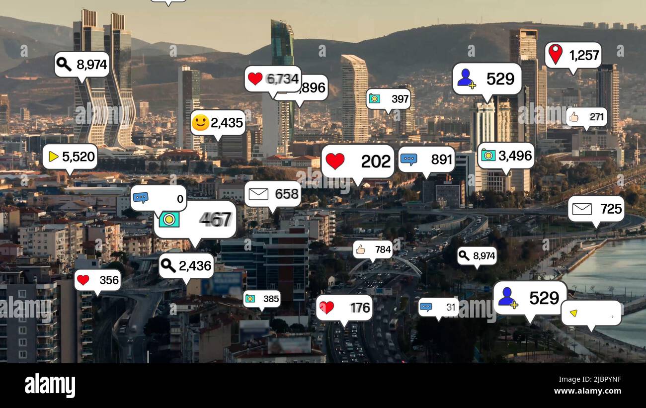 Social media icons fly over city downtown showing people engagement ...