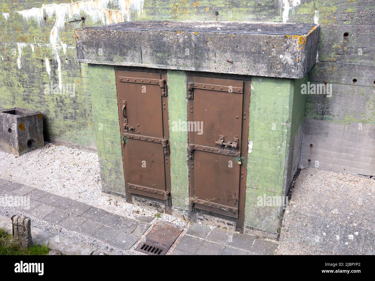 Big massive hermetic metal armored door of WW2 military bunker, the ...