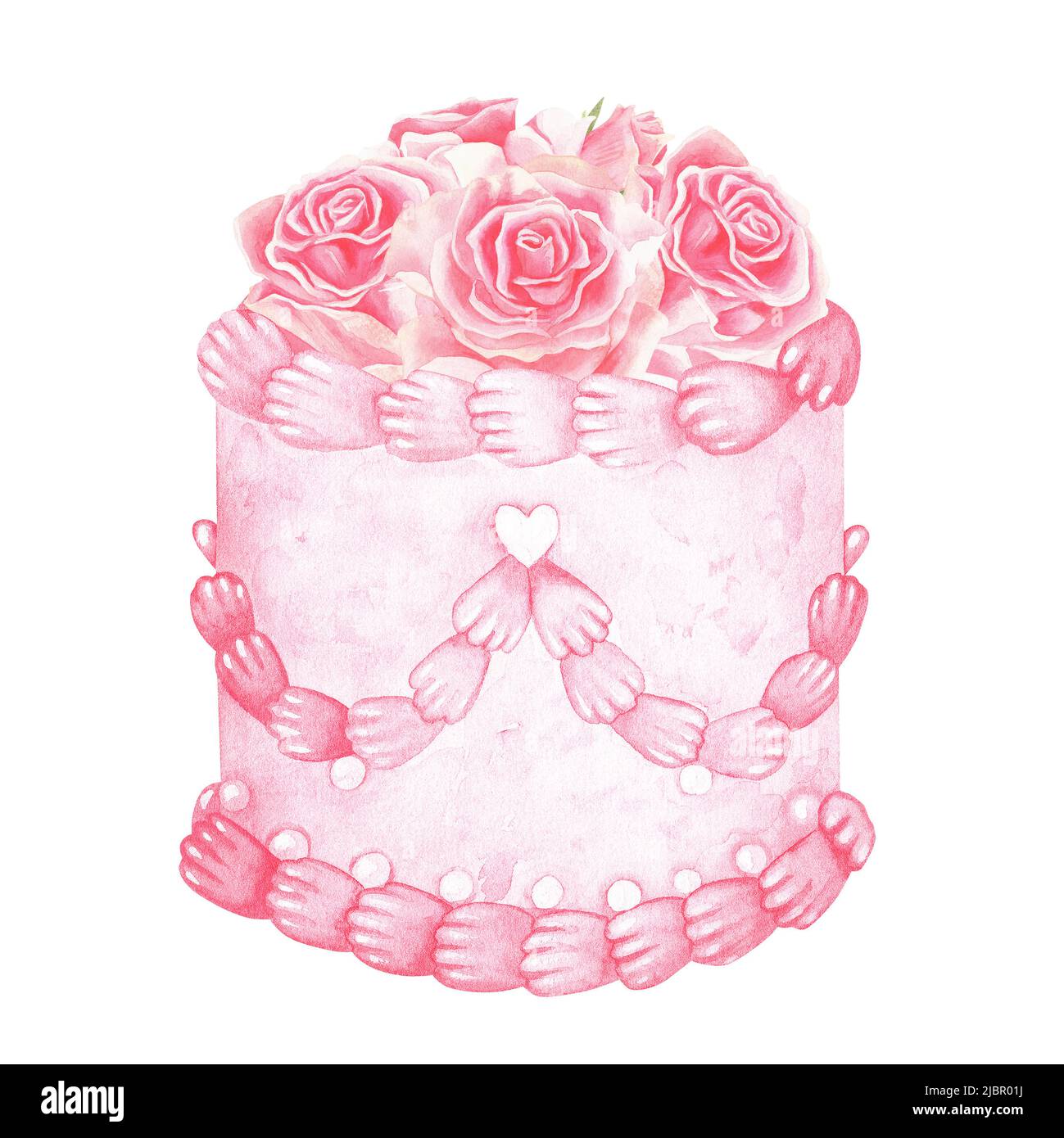 Pink cake with roses. Watercolor illustration. Isolated on a white ...