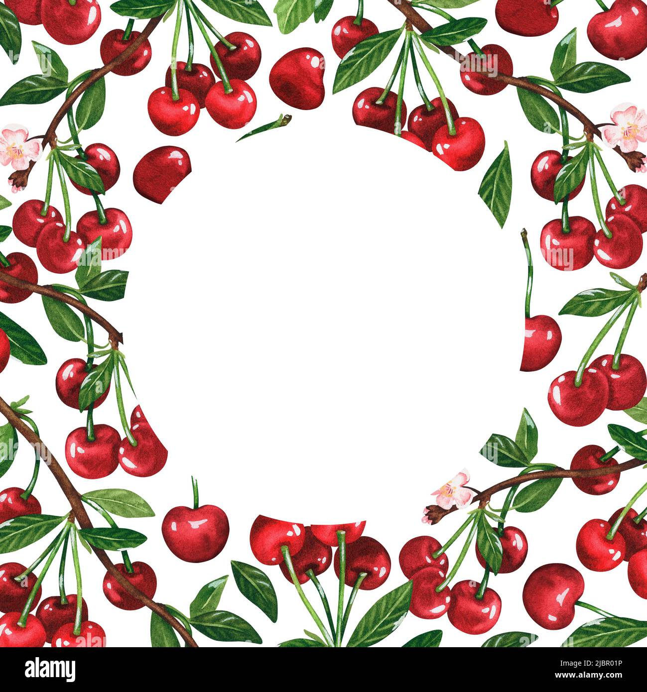 Square frame of cherries. Watercolor illustration. Isolated on a white ...