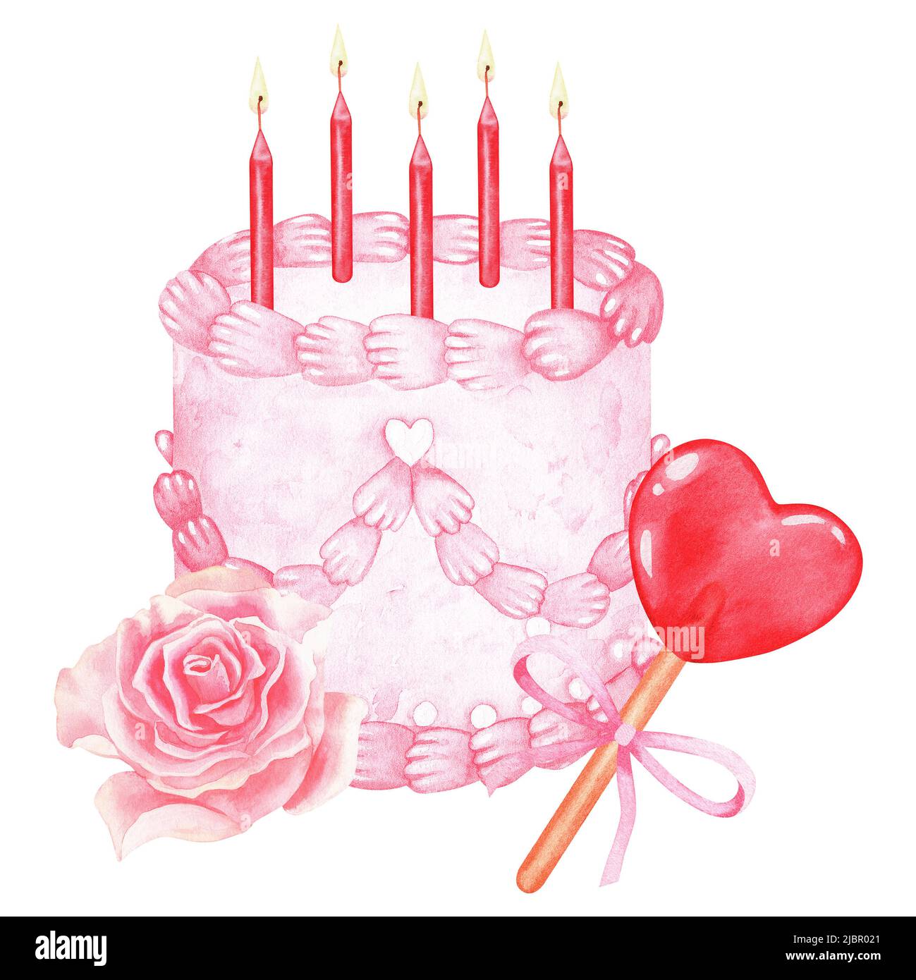Pink Birthday Desserts. Cake with candles, lollipop, rose. Watercolor ...