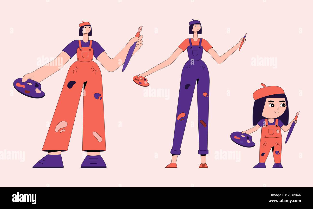 Artist with brushes and palette. Woman paints on canvas in an art ...