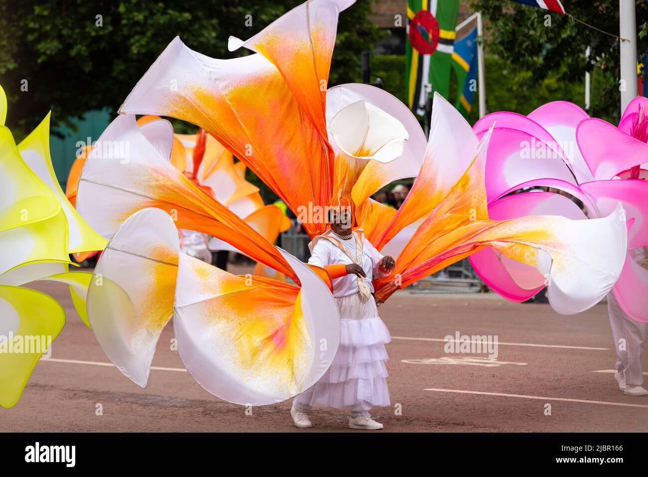 Large flower costume at the Queen's Platinum Jubilee Pageant parade in ...