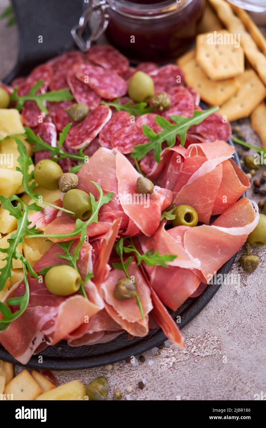 Italian antipasto meat platter - prosciutto ham, bresaola, salami and ...