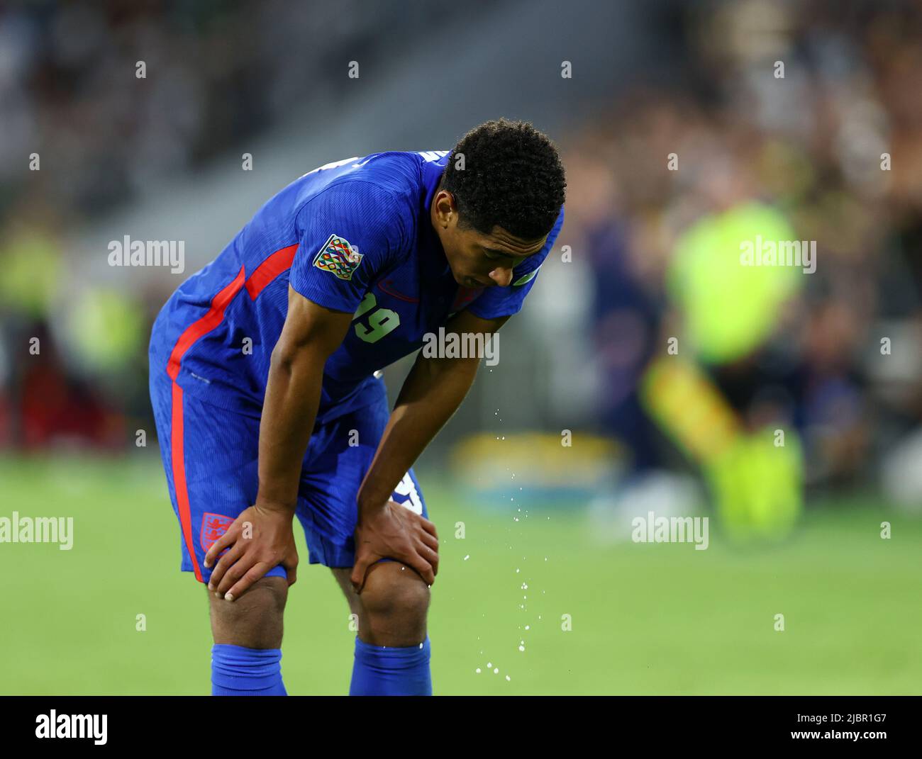 Munich, Germany, 7th June 2022. Jude Bellingham of England throws up ...