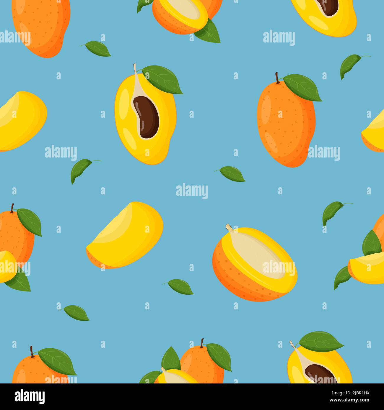 Mango with green leaves seamless pattern. Flat vector illustration ...