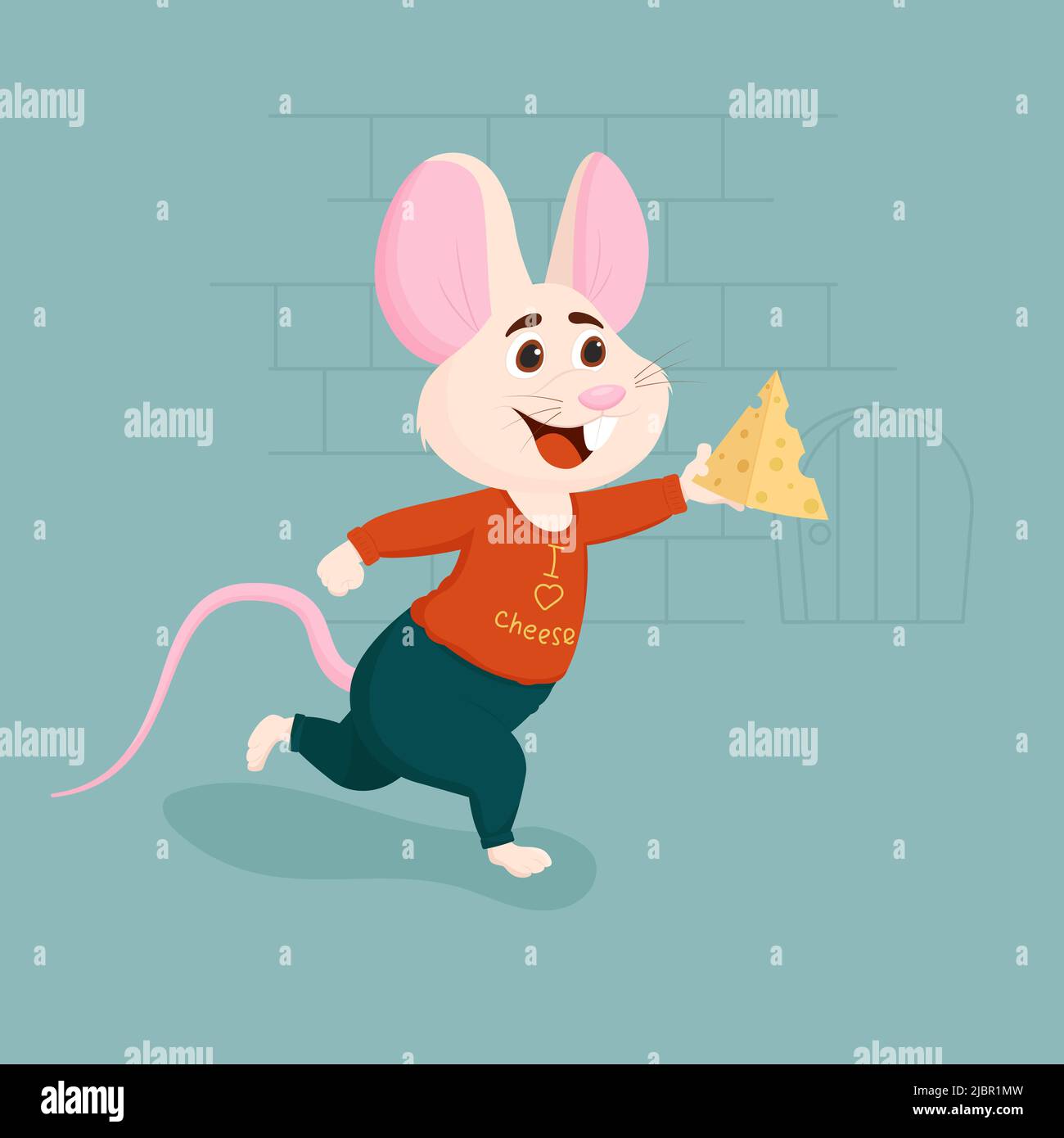 Cartoon smiling mouse character with cheese. Flat vector illustration ...