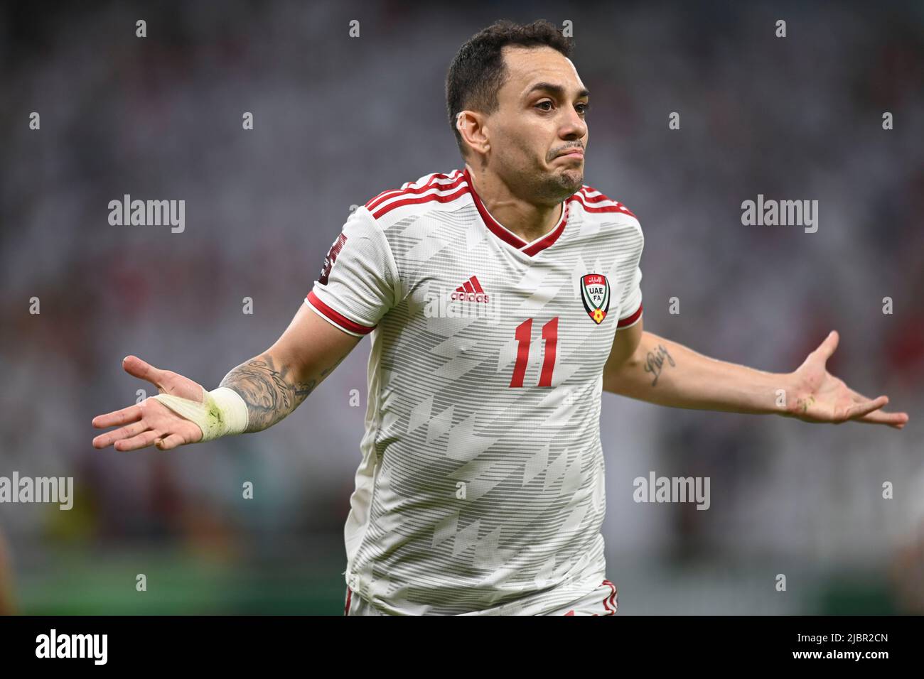 Doha, Qatar. 7th June, 2022. UAE's Caio Canedo celebrates a goal during ...