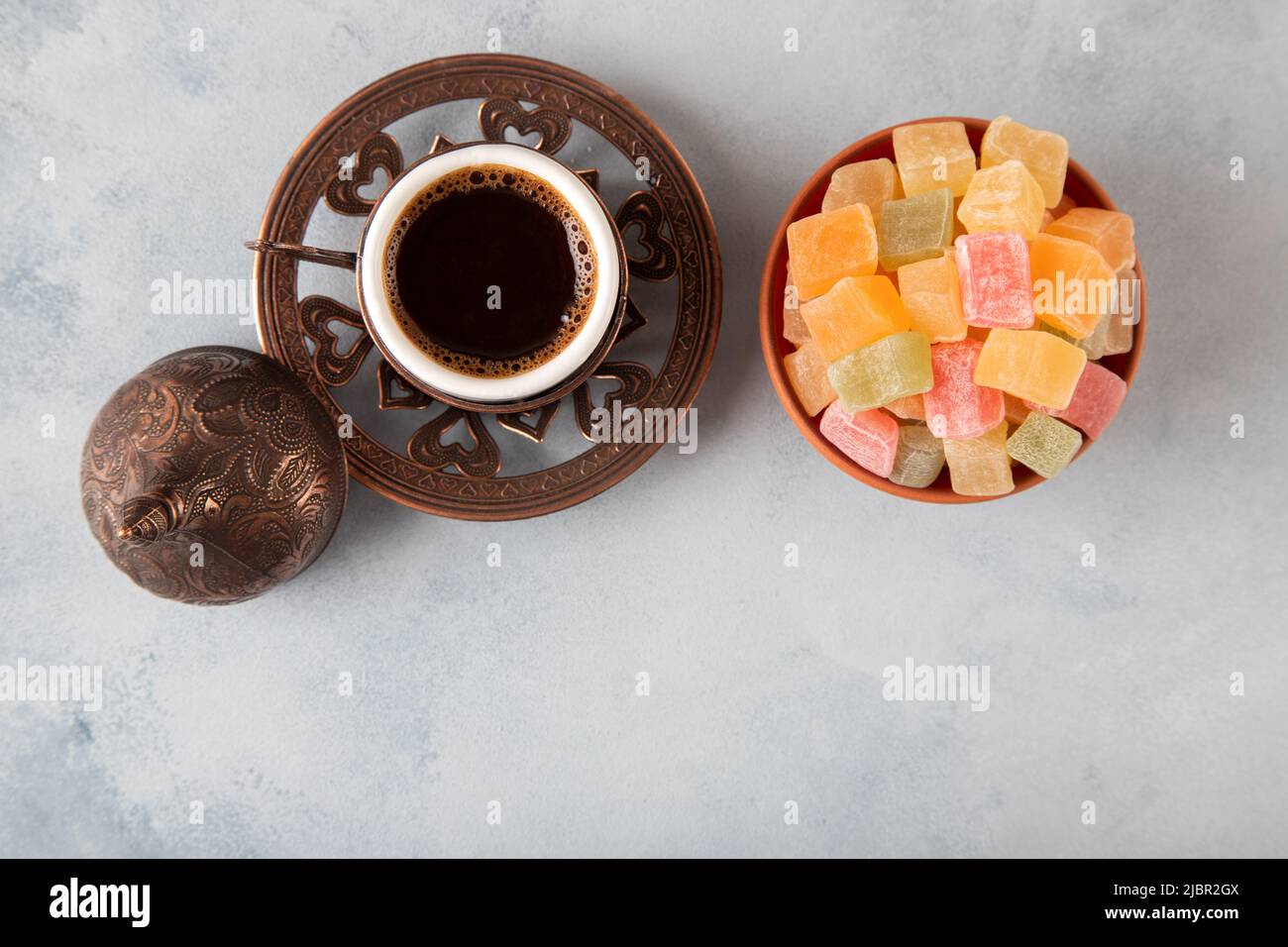 Traditional Turkish delight and Turkish coffee, top view Stock Photo ...