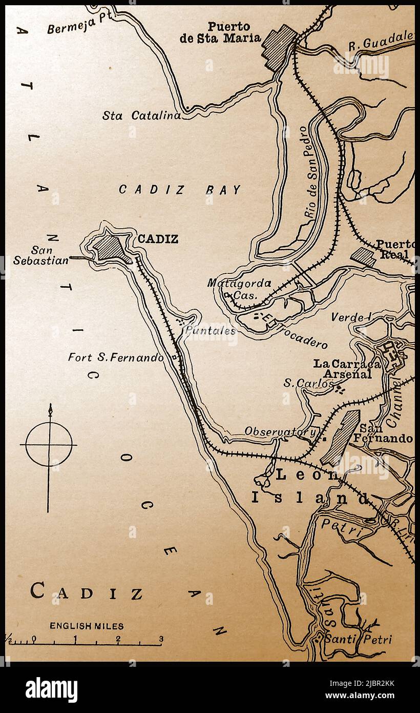 A late 19th century map of Cadiz & Cadiz Bay, Spain showing principal ...