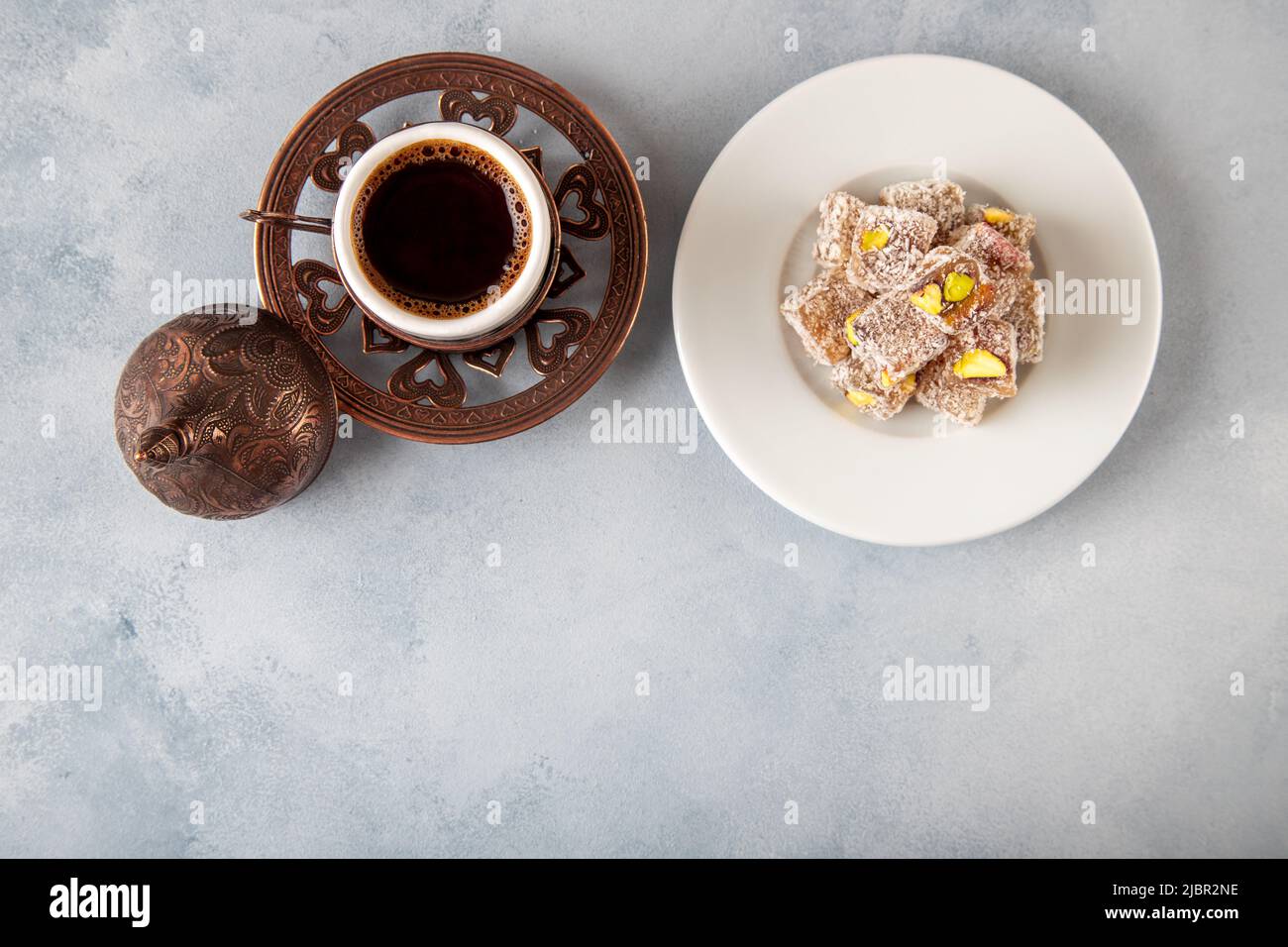 Traditional pistachio Turkish delight and Turkish coffee, top view ...